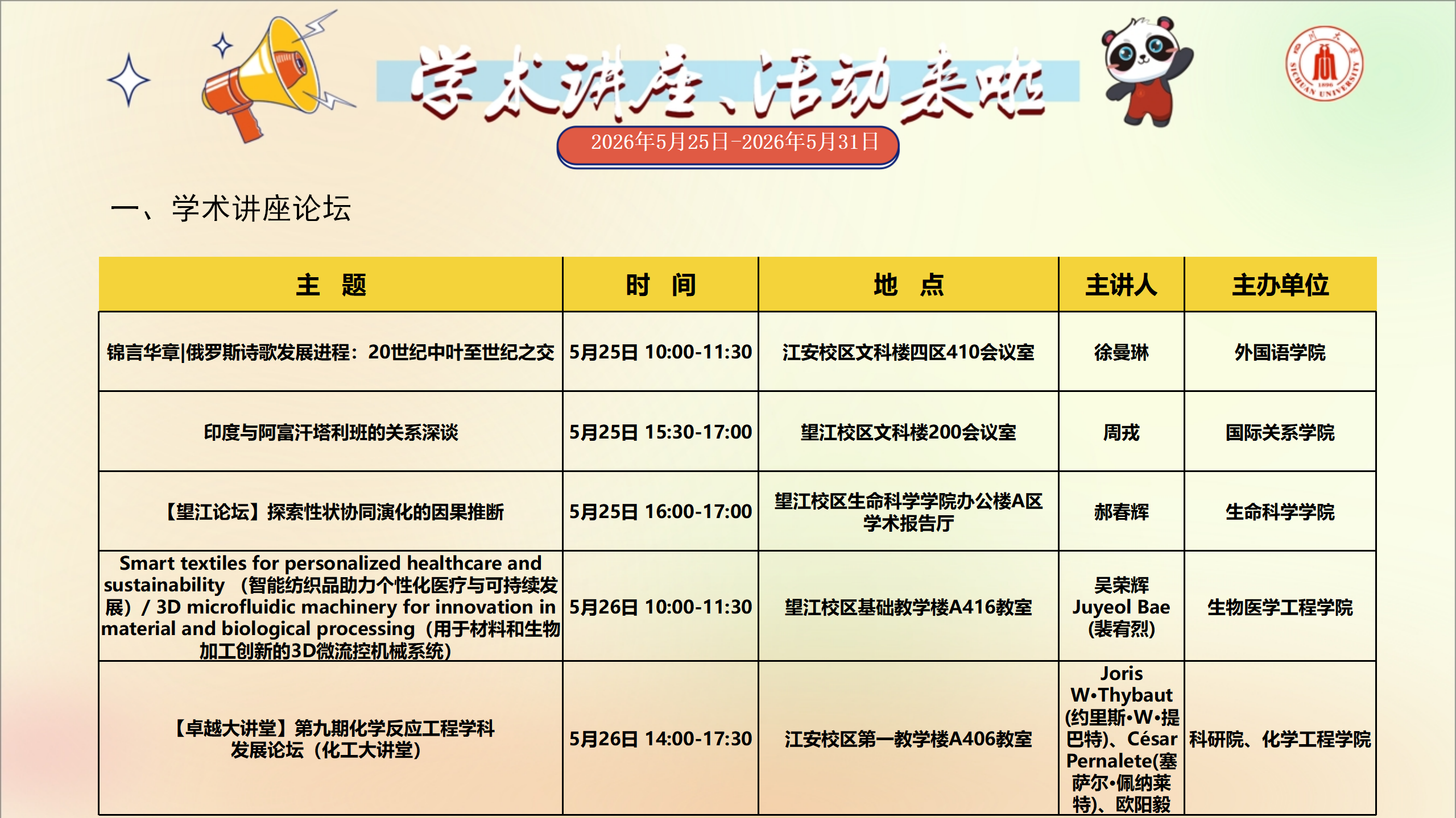 学术讲座及校园活动文化预告（5月25日-5月31日）-四川大学体育学院